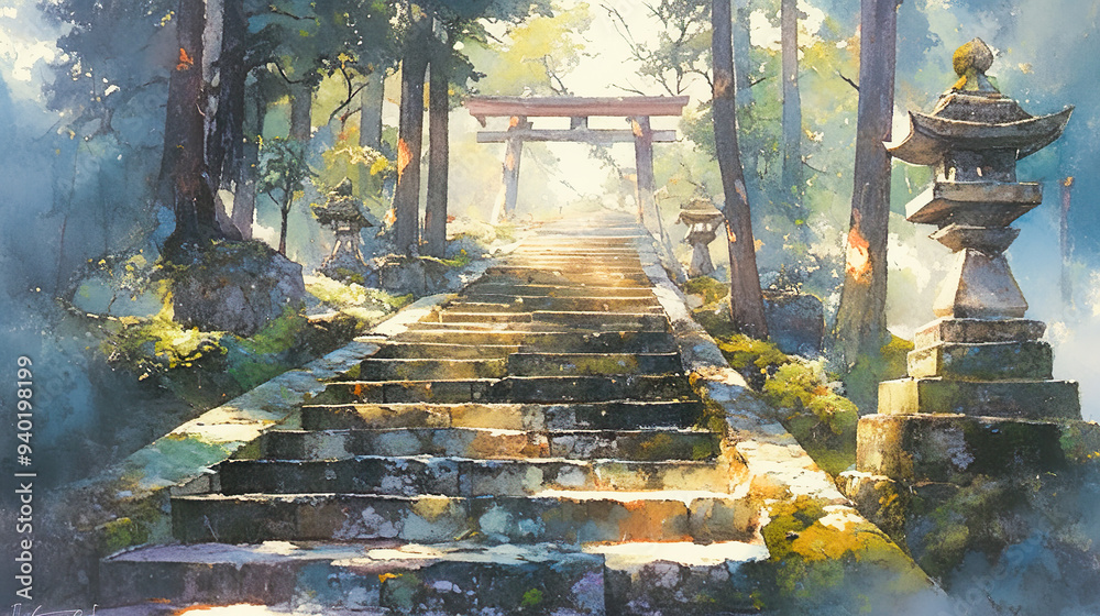 神社の境内に続く階段の水彩イラスト風景 Stock Illustration | Adobe Stock