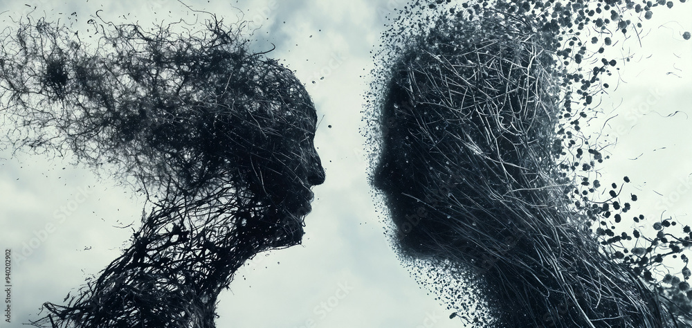 Two human-like figures, formed from a mass of intertwined branches ...