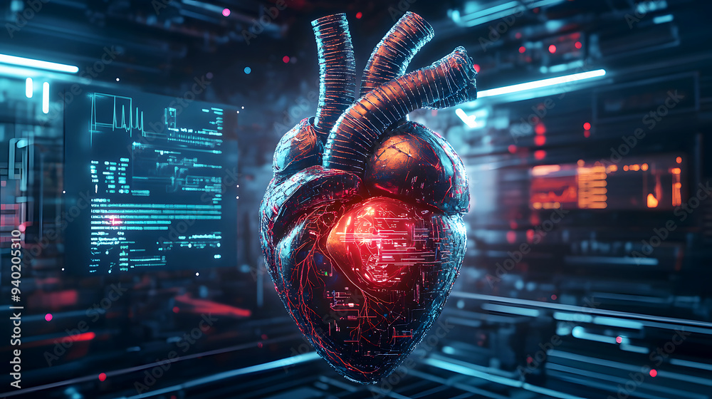 Cybernetic Heart Display A 3D model of a human heart with cybernetic ...