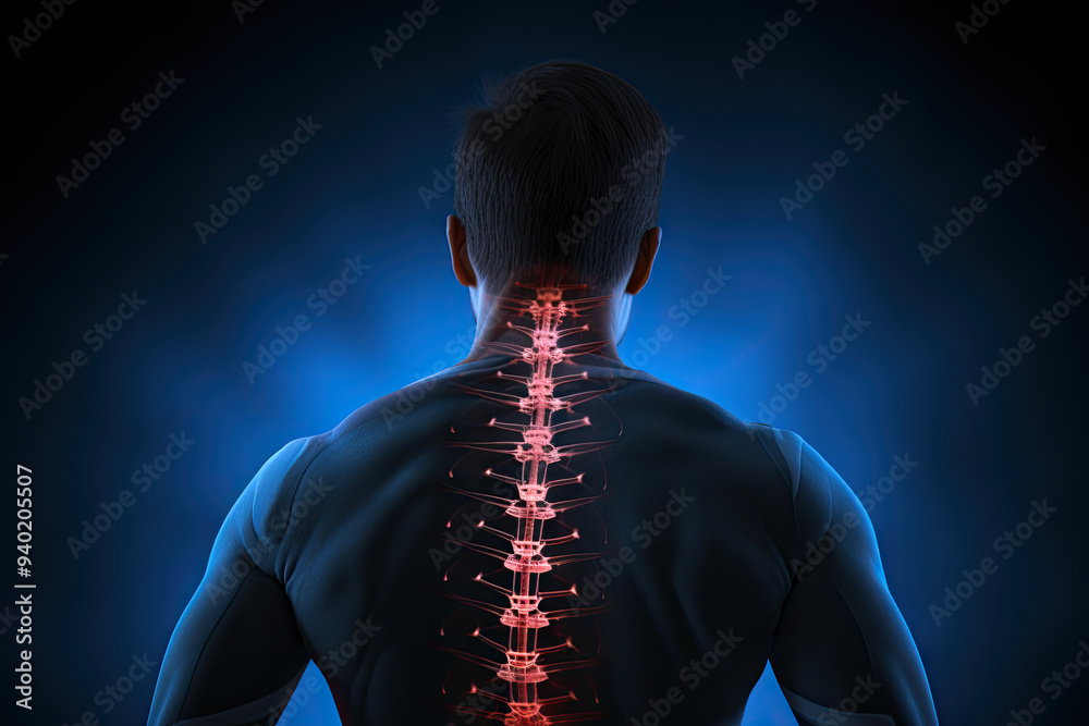 A medical illustration showing the back of a man with highlighted spine ...
