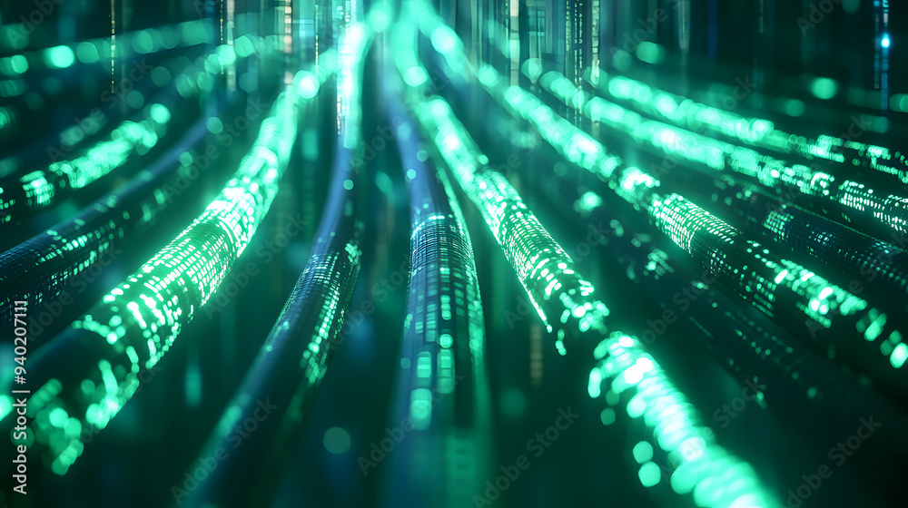 Cybersecurity Focus Fiber optic cables surrounded by a digital matrix ...