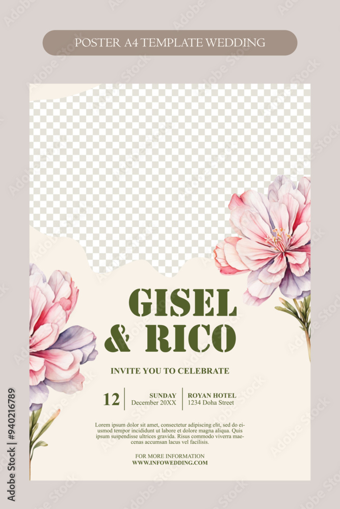Wedding poster template with beautiful pink watercolor flowers Stock ...