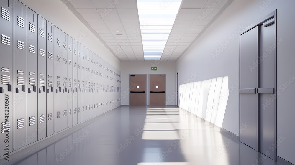 A quiet school hallway featuring rows of closed lockers and a large ...