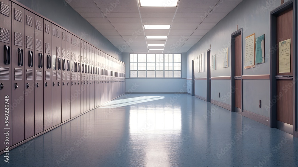 A quiet school hallway featuring rows of closed lockers and a large ...