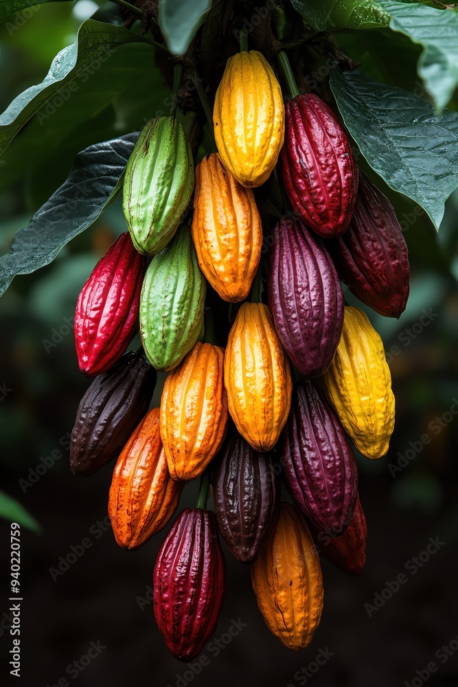 Cacao pods in various stages of ripeness hanging from a tree ...