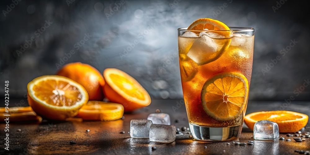 Foto de Copo de refrigerante de guaran? com rodela de laranja e pedras ...