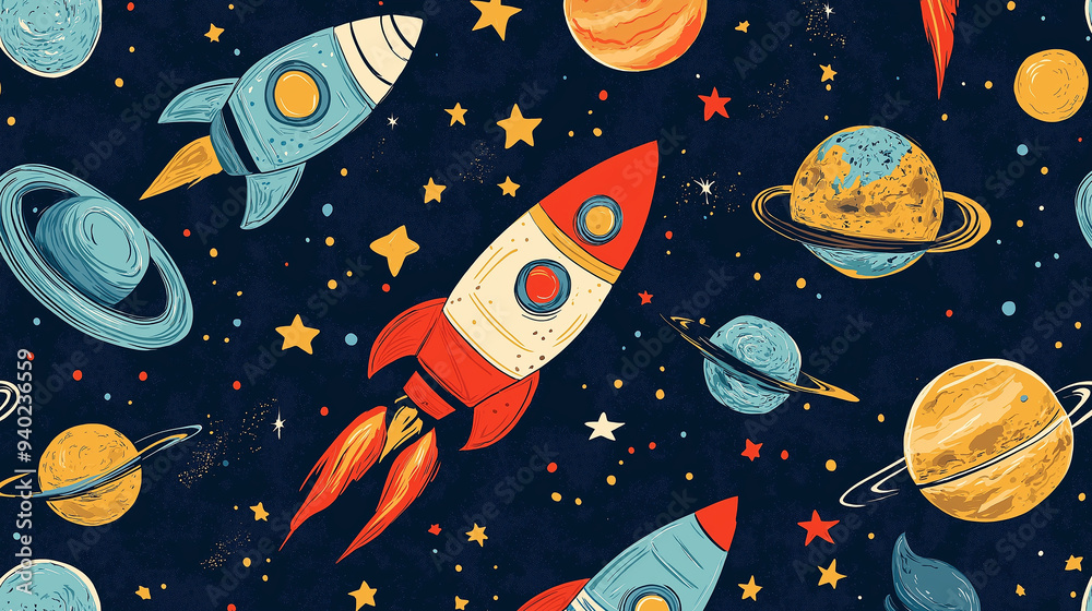 Rockets Planets Stars and Aliens in a Playful Outer Space Design Stock ...