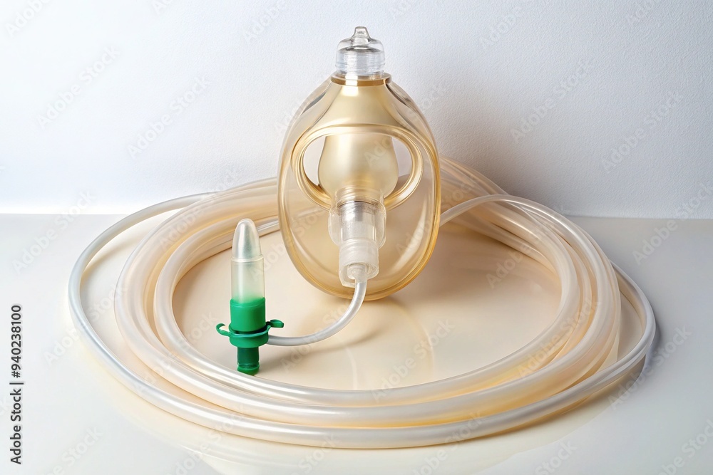 A clear plastic oxygen mask hangs from a beige medical oxygen tank with ...