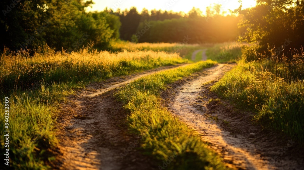 The image of a path divided into two directions, with a large golden ...