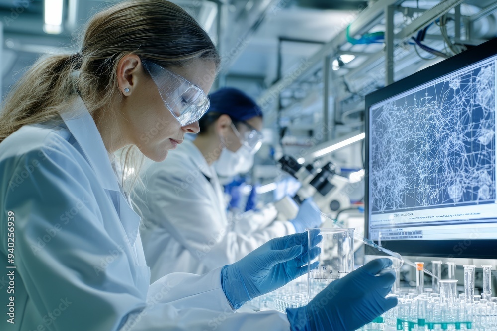 Scientists in a lab analyze molecular structures using advanced imaging ... Scientists in a lab analyze molecular structures using advanced imaging ...