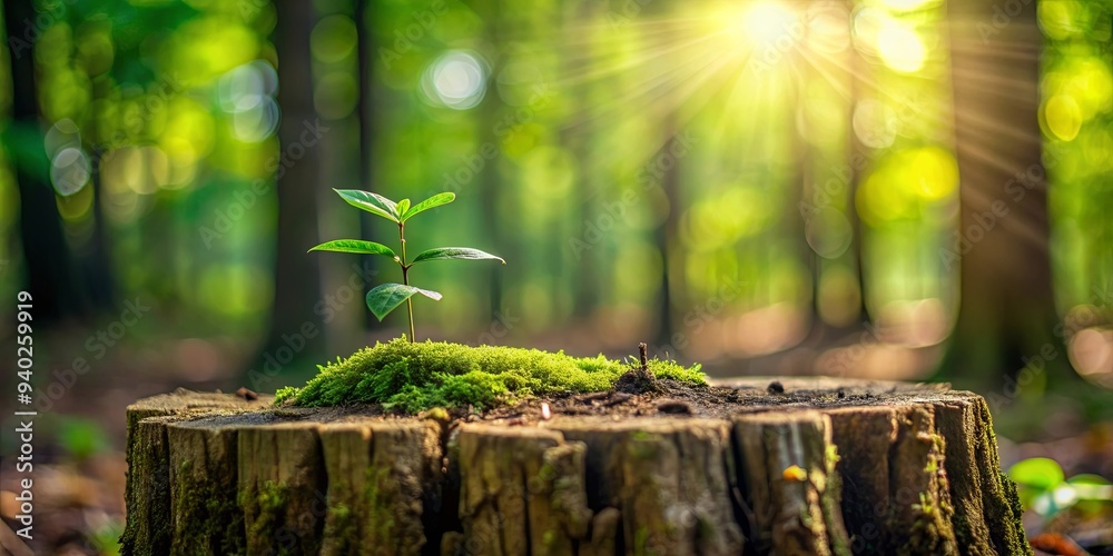Seedling sprouting from an old tree stump in a forest , growth, nature ...