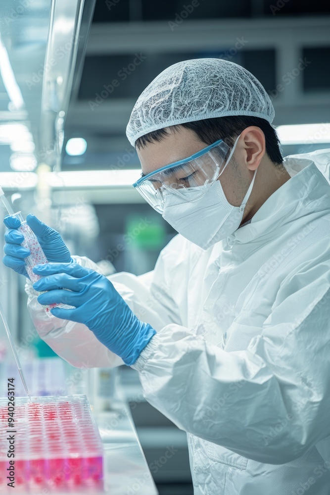 A scientist conducts an experiment with cell cultures, using a laminar ...