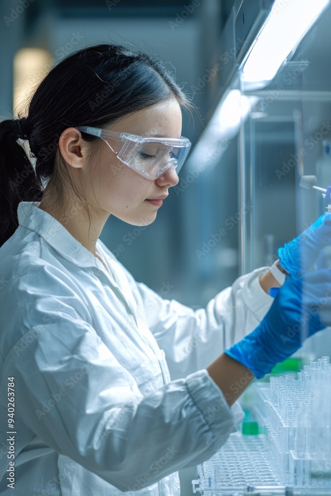 A scientist conducts an experiment with cell cultures, using a laminar flow hood and specialized ...