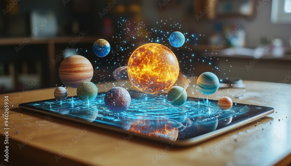 A glowing 3D solar system displayed on a tablet, symbolizing the ...