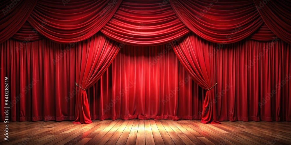 Red theatre stage curtains hanging in a dramatic setting , rendering ...