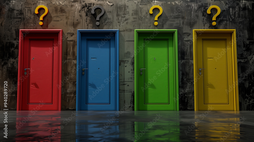 Four Colored Doors with Question Marks Above Representing Choices and ...