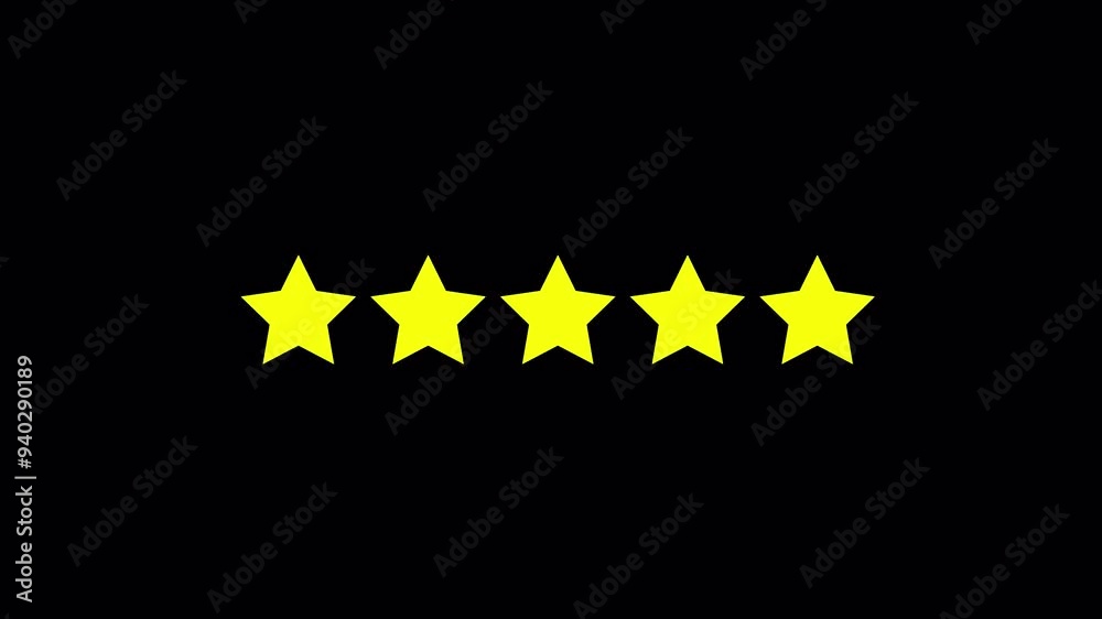 Five star rating review animation on black background, Rating stars icon animation. Five star ...