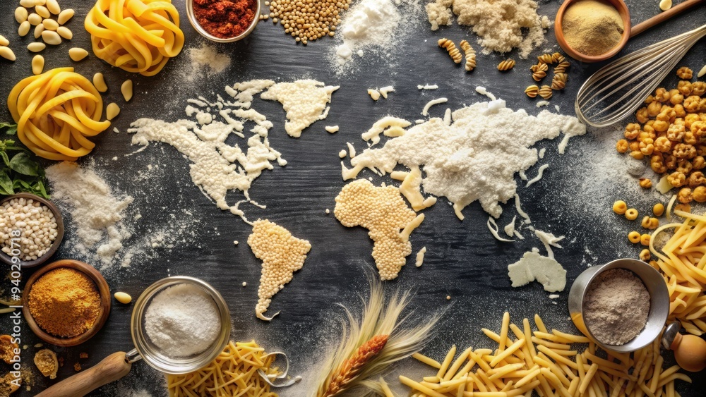 Map of the world made of pasta with flour, sieve, and spices, top view ...