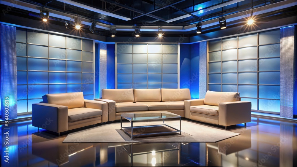 Empty TV studio talk show set with modern sofa and no audience, talk ...