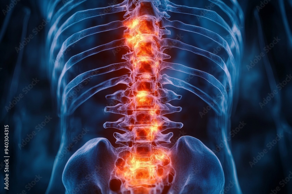 A 3D medical illustration depicting Spondylolisthesis, a condition ...