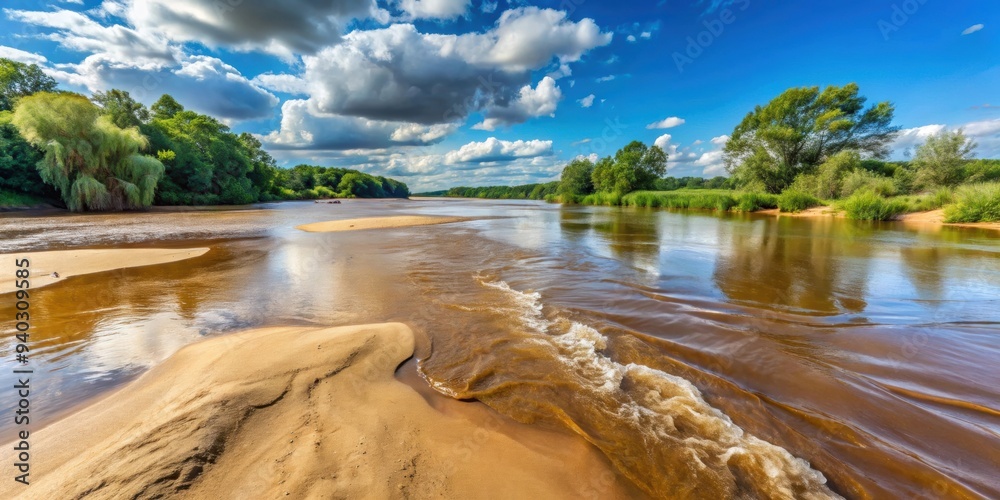 River overflowing with water and sand on the banks, river, water, sand ...