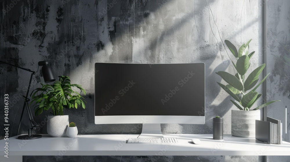 Curved monitor on white desktop in modern concrete interior - 3d ...