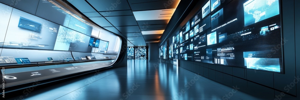A futuristic corridor lined with digital signage displays showcasing ...