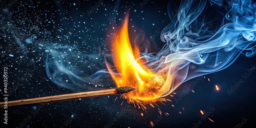 A solitary flame erupts from a scratching matchstick, illuminating a ...