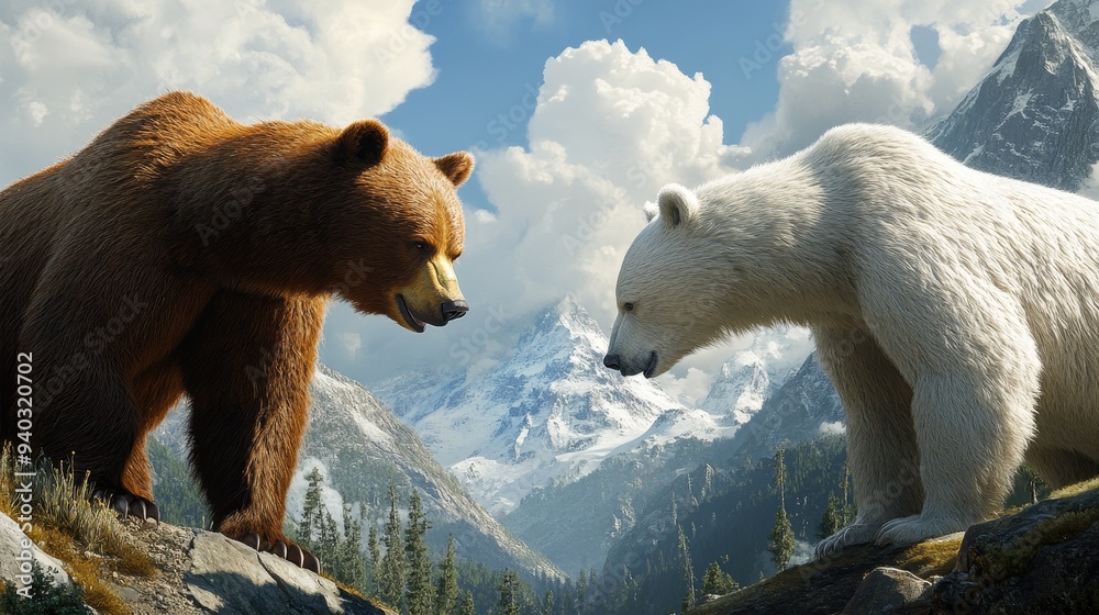 A majestic grizzly bear and a polar bear stand facing each other in a ...