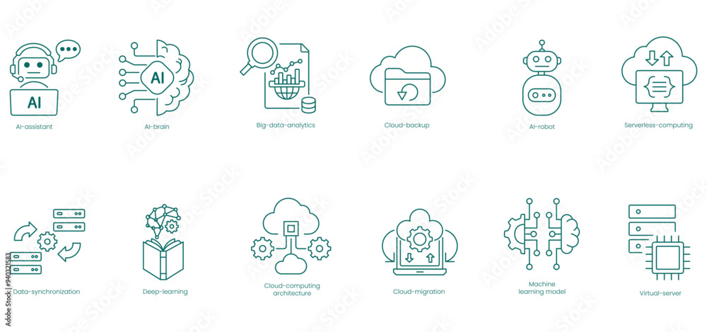 AI and Cloud Computing Solutions Vector Icons Set: Assistant, Brain, Big Data Analytics, Cloud ...