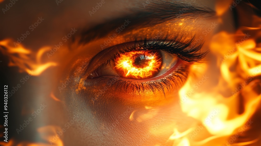 Fiery background with two eyes in double exposure, flames reflecting ...