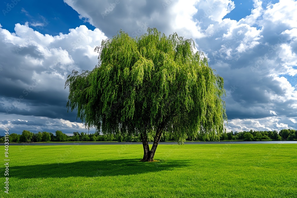 A sad willow tree under a cloudy sky, with the soft sound of rain falling on its leaves ...