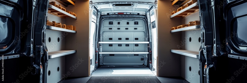 The interior of a cargo van with storage shelves on both sides. The ...