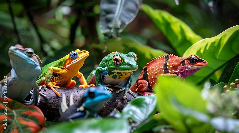 Colorful frogs pose on a branch in a lush tropical rainforest setting ...