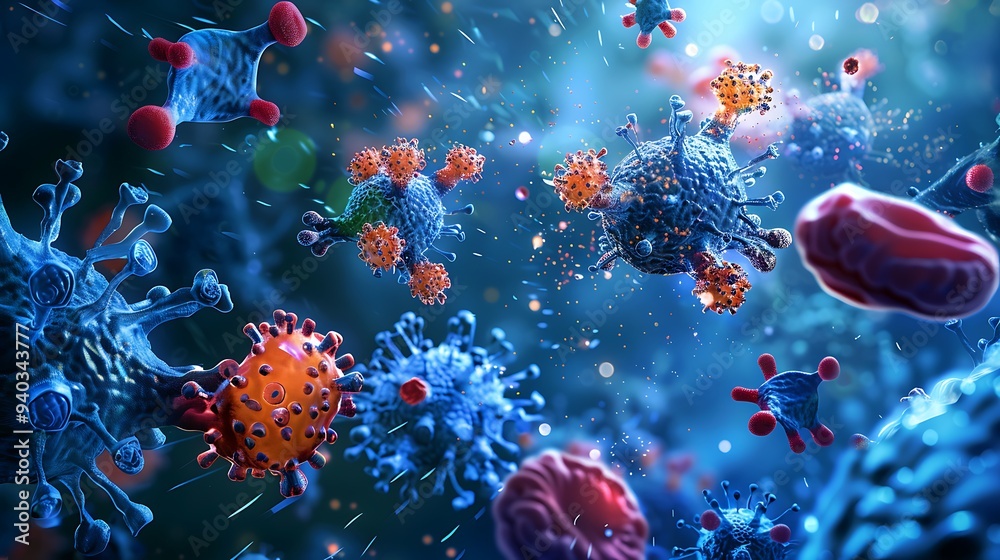 microscopic view of various viruses, highlighting their intricate ...