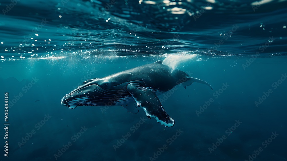 Humpback whale swims gracefully through the ocean body partially ...