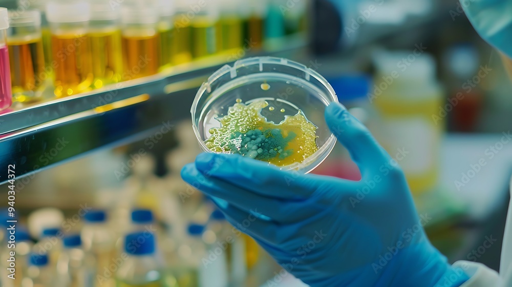 Scientist examines a petri dish containing a microbial culture in a ...