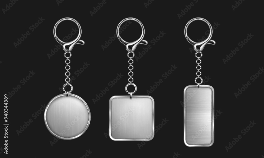 Silver keychain with ring mockup for branding. Realistic vector ...