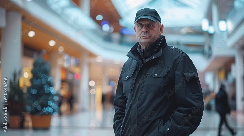 Security Presence: The guard, dressed in black, patrols the mall, eyes ...