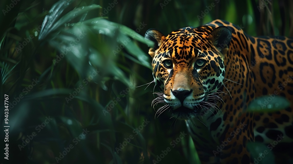 Jaguar stares intensely from the shadows of a dense rainforest. Its ...