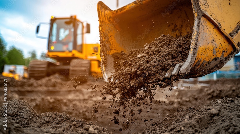 A close-up perspective of a construction vehicle is bucket as it scoops ...