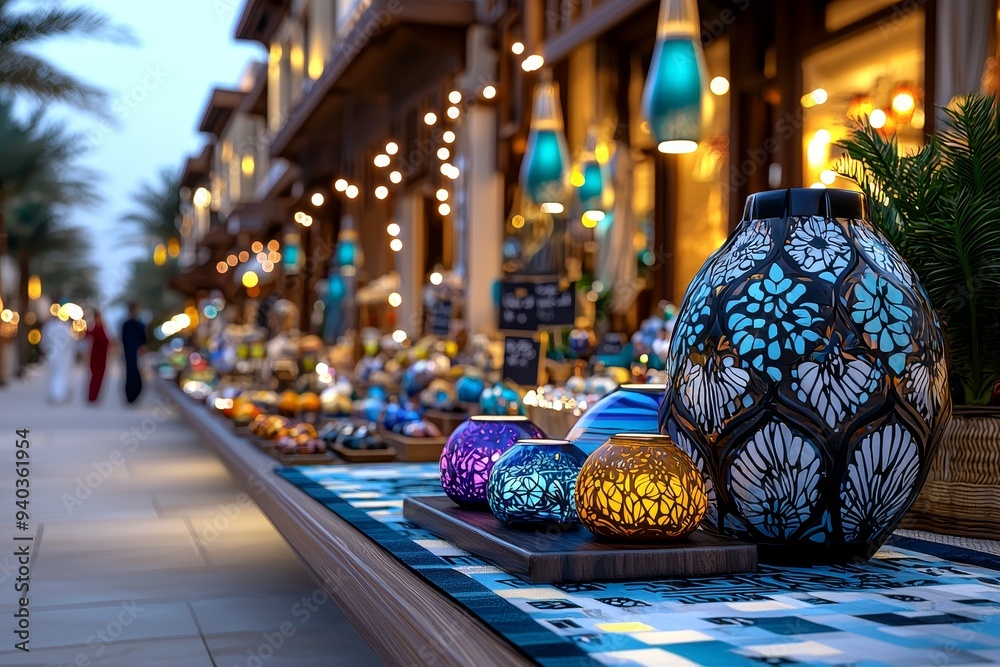 A 3D UAE souk market scene with soft lighting on the right ...