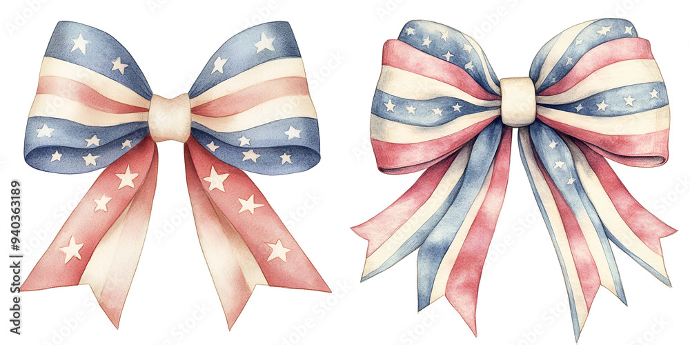 Patriotic Bow Clipart in watercolor illustration - Red, White, and Blue ...