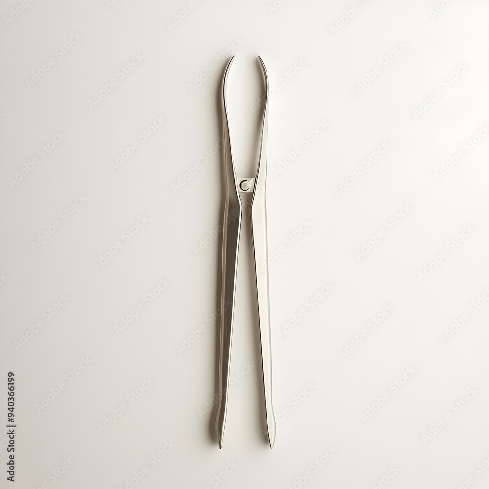 Isolated pair of metal tongs centered and placed on a clean light ...