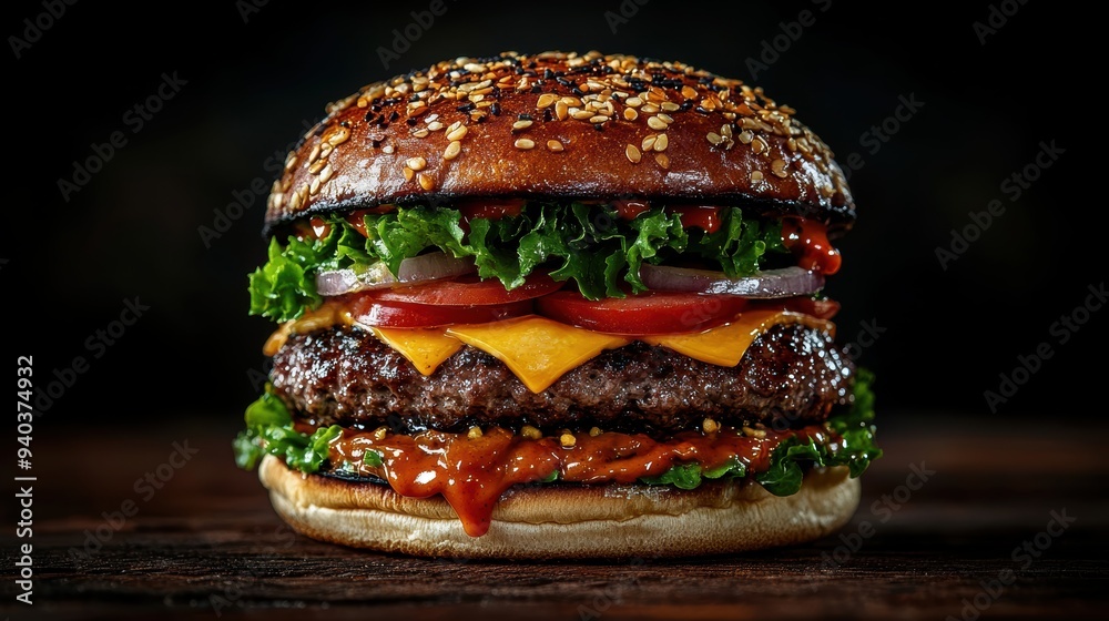 A juicy double cheeseburger, with two beef patties, melted cheese ...