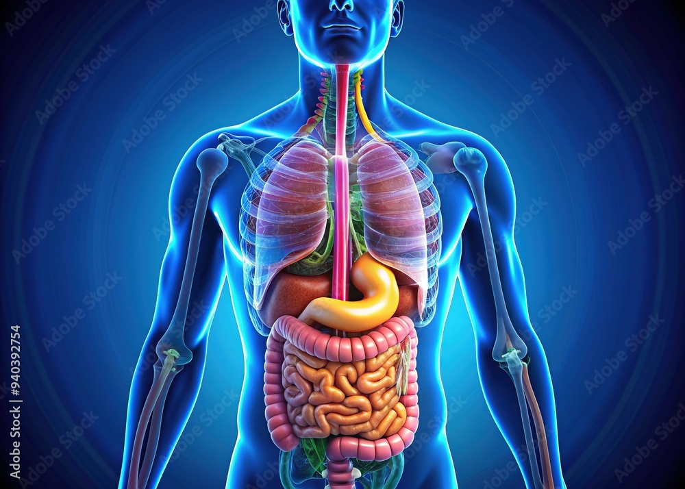 Colorful 3D illustration of the human digestive system, showcasing the ...