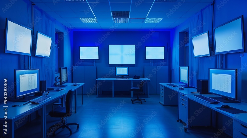 Modern computer lab with blue screens displaying digital data in a high ...