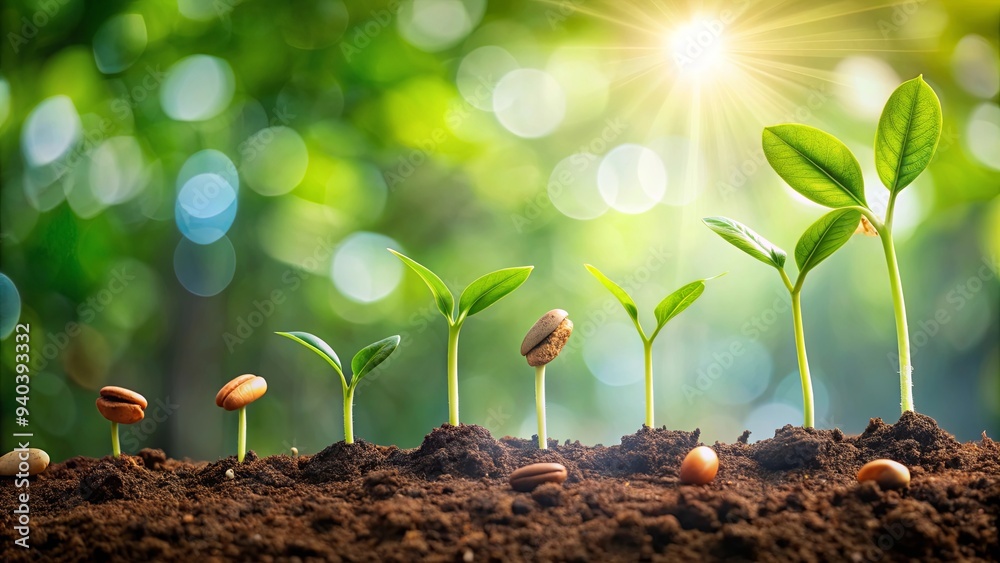 Sequence of seeds growing into trees in various stages, growth, nature, progression, agriculture ...
