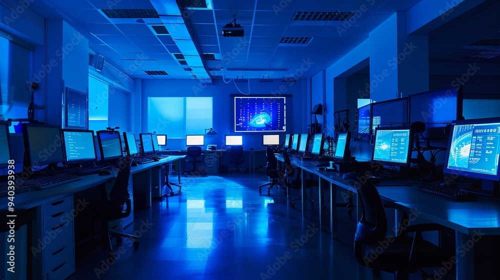 Modern computer lab with blue screens displaying digital data in a high ...