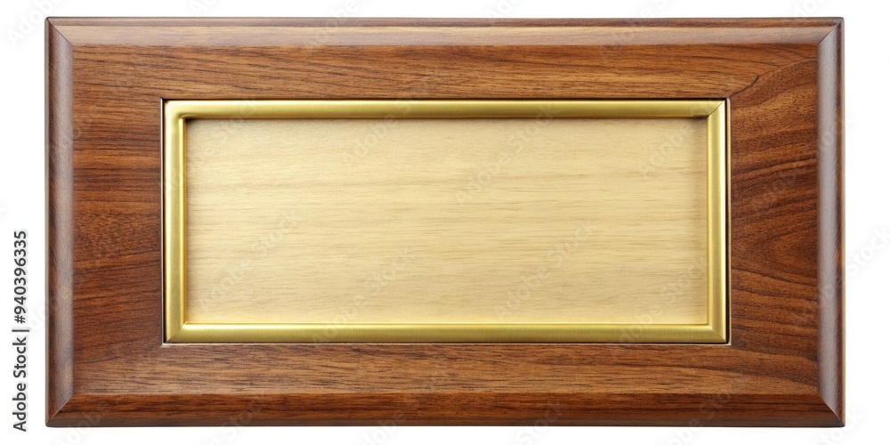 Wood frame with gold metal plaque on white background, wood, frame ...